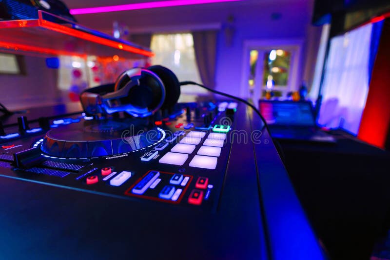 DJ Table Mixer Closeup in the Empty Nightclub before the Party Stock ...
