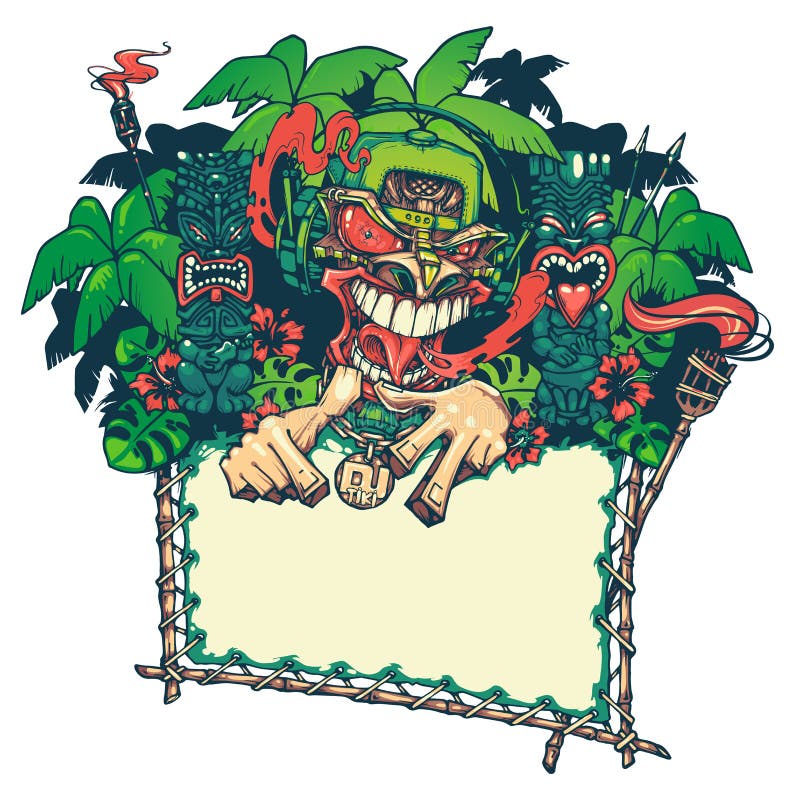 DJ Tiki with Headphones on the Background of Tiki and Palm Trees. Frame ...