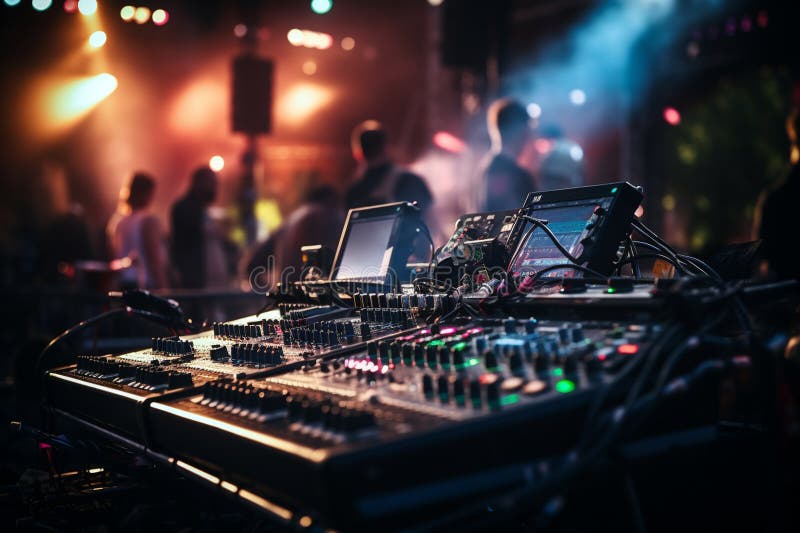 DJ Working on Mixing Console in Front of a Crowd at a Live Concert ...