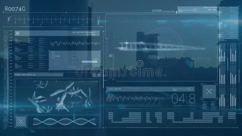 DNA Analysis and Data Visualization Animation Over Cityscape Background ...