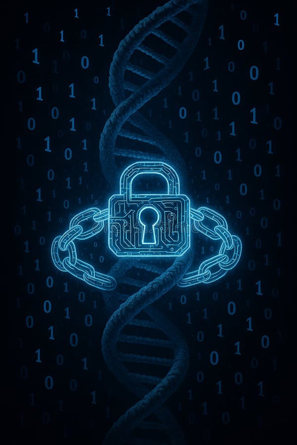 DNA Data Security Concept, Glowing Lock and Chain on Digital Code Background Stock Illustration ...