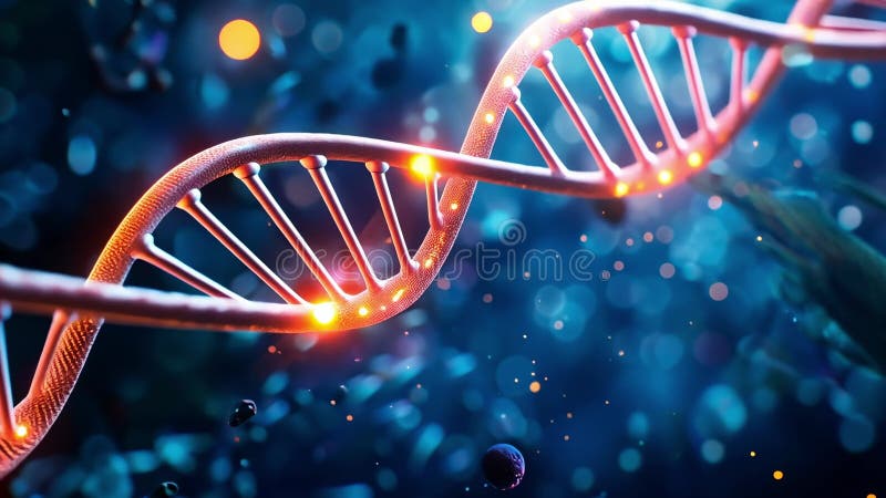 DNA Double Helix Exhibiting Bright Glowing Elements in Blue Background ...