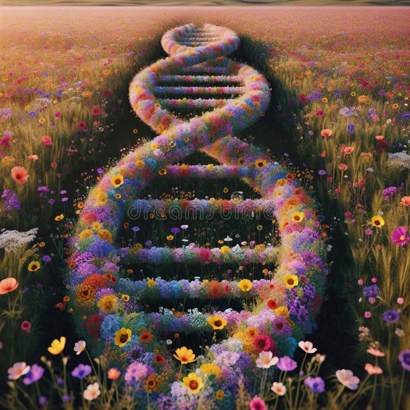 A DNA Double Helix Formed from Colorful Flowers in a Field. Stock Photo ...