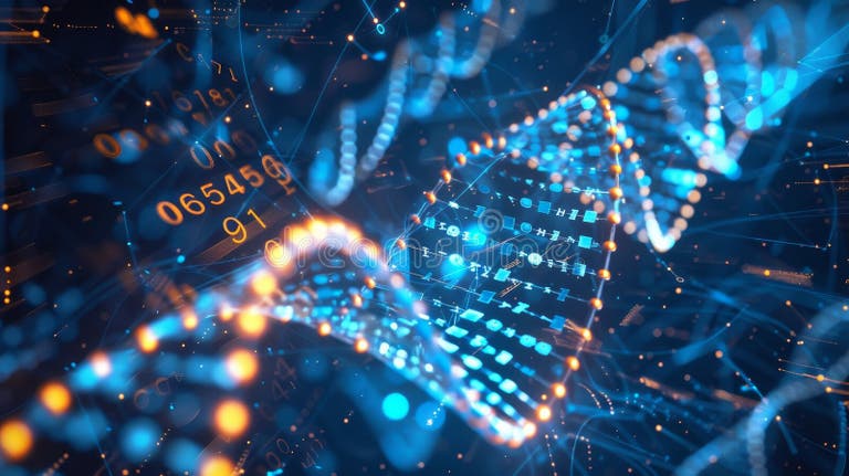 A DNA Double Helix Intertwining with Binary Code, Representing the ...