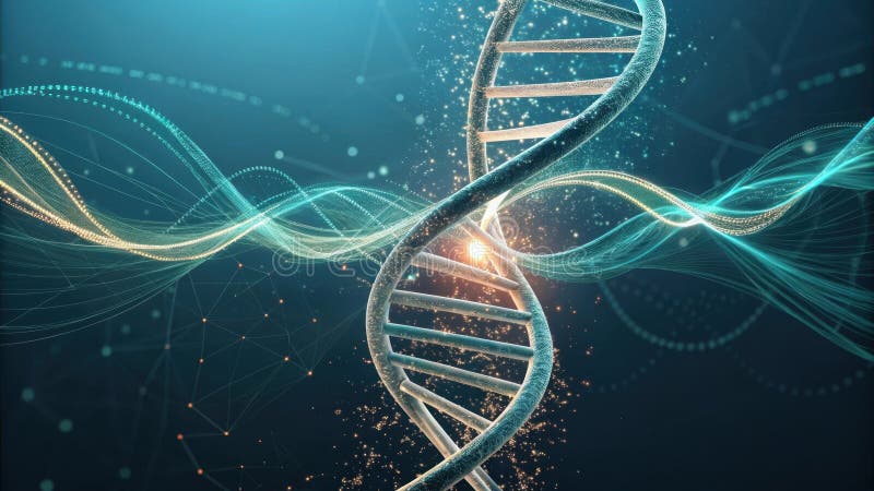 Dna Double Helix Rotating with Glowing Waves and Particles in Digital ...