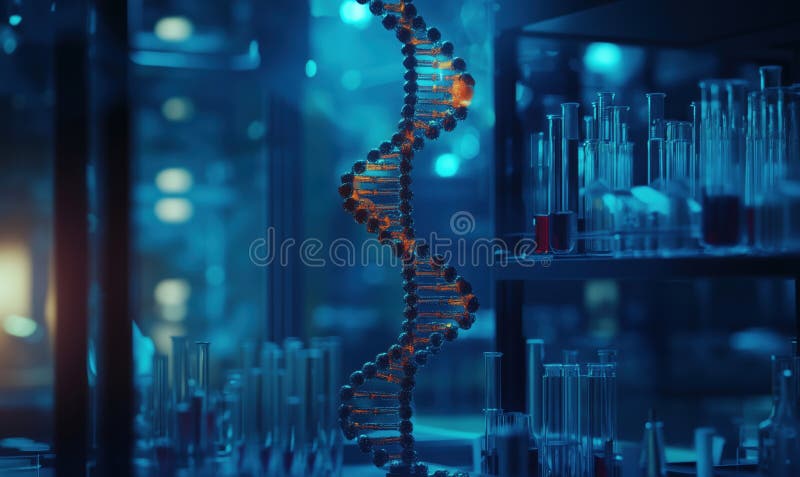 DNA Double Helix Structure in Laboratory Setting, Illuminated by Blue ...