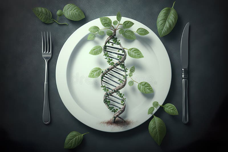 DNA Food and Genetically Modified Foods, DNA Helix Structure on Plate ...