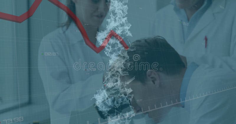 DNA and Graph Over Scientist Talking and Using Microscope. Stock ...