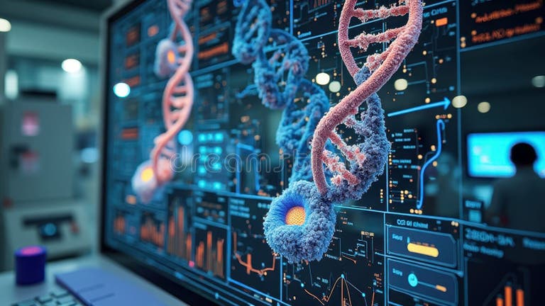 Dna Helix and Data Visualization in Modern Biotech Lab Stock Image ...