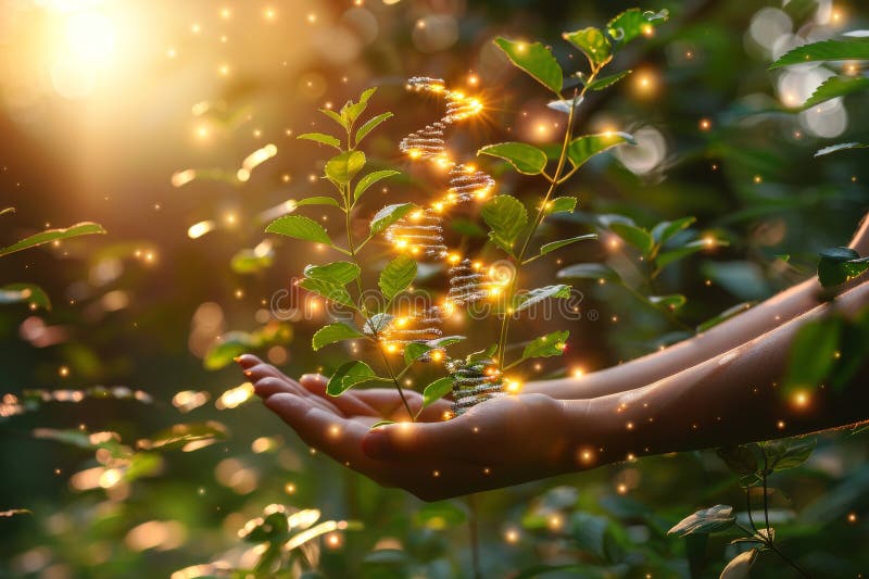 DNA Helix Glowing in a Forest Setting, Nature and Science Harmony Stock ...