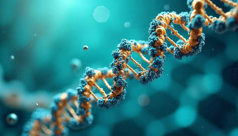 DNA Helix, Golden Structure, Blue Molecules, Hexagonal Grid, Reflective ...