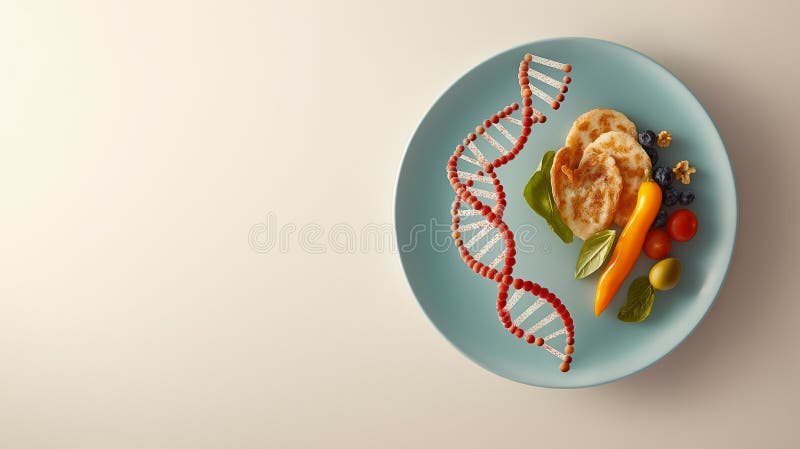 A DNA Helix Graphic Alongside a Plate of Nutritious Food on a ...