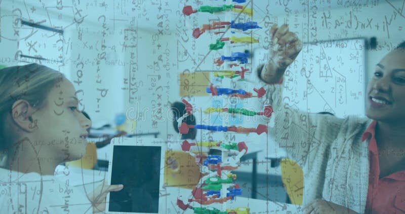 DNA Model and Scientific Equations Animation Over Students Studying in ...