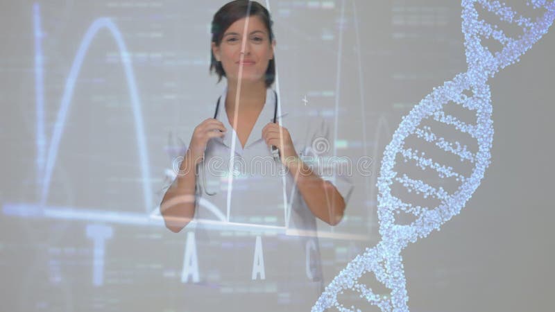 DNA Molecule and Data Charts on a Black Screen with a Female Doctor ...