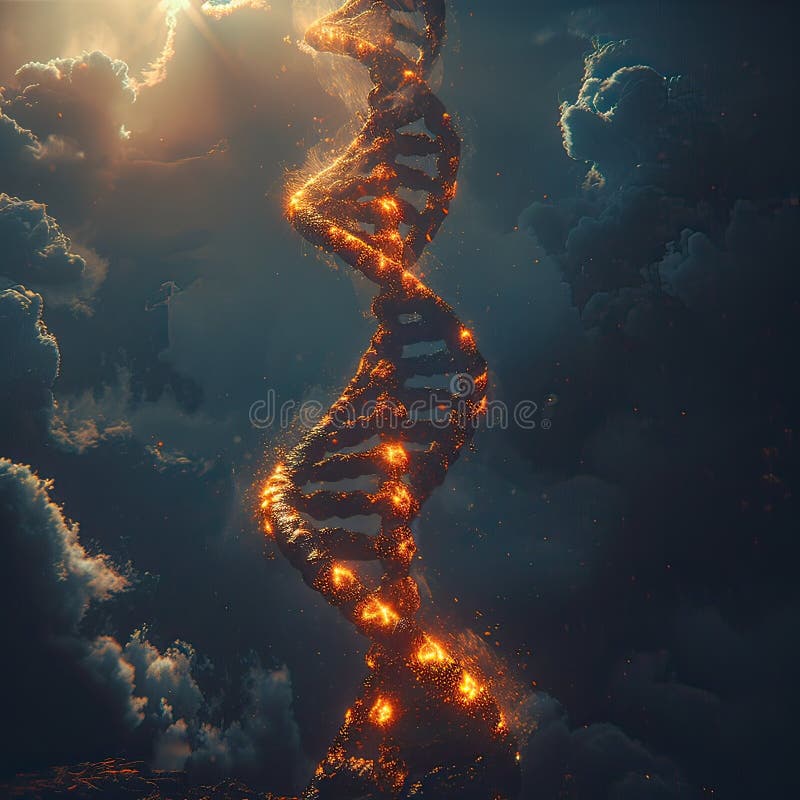 A DNA Molecule Emits Light with a Cloudy Sky in the Background Stock ...
