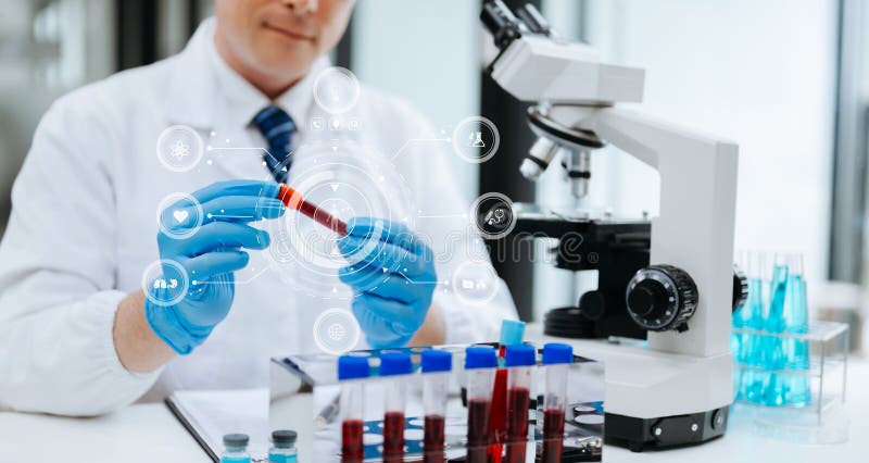 DNA Molecule Testing Concepts. the Doctor in a Mask Examines DNA ...