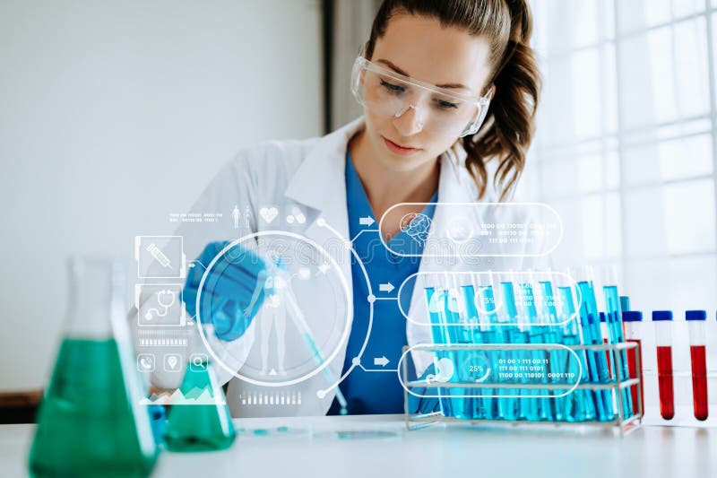 DNA Molecule Testing Concepts. the Doctor in a Mask Examines DNA ...