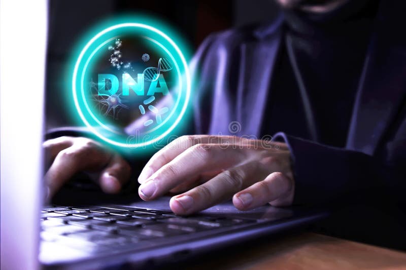 DNA Research. Hands of a Business Man Using the Computer Doing Research ...