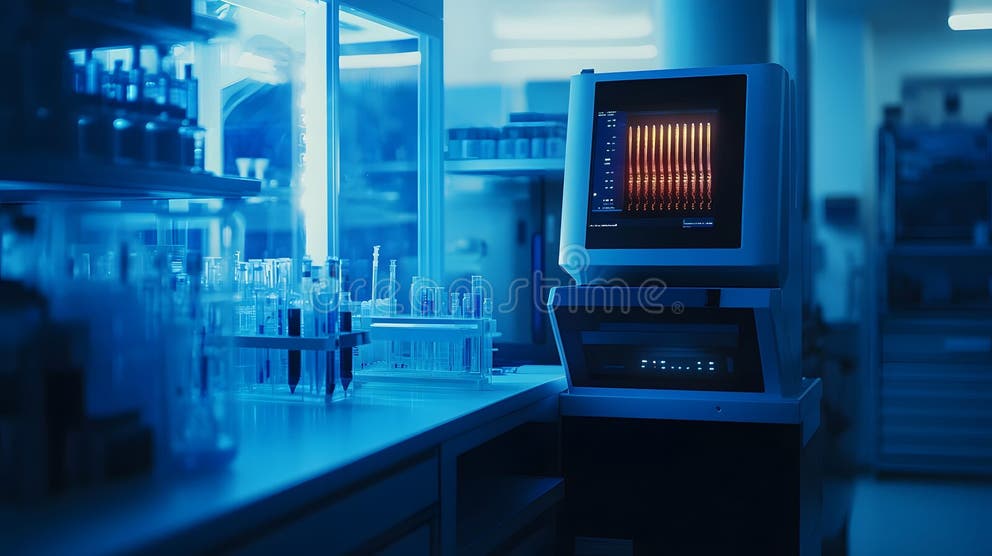 DNA Sequencing Machine at Work in a Sterile Lab, Glowing with Digital ...