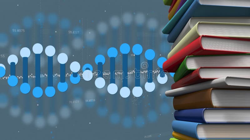 DNA Strand and Binary Coding Animation Next To Stack of Colorful Books ...