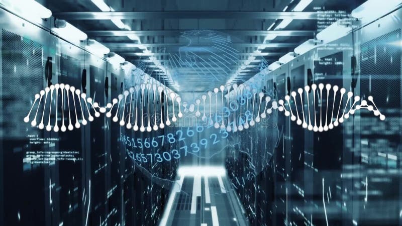 Dna Strand And Binary Coding Animation Over Data Center Servers Stock