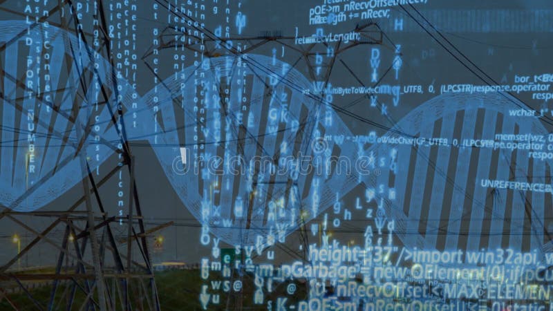DNA Strand and Binary Coding Animation Over Power Lines at Dusk Stock ... DNA Strand and Binary Coding Animation Over Power Lines at Dusk Stock ...