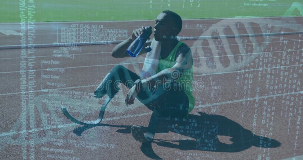 DNA Strand and Binary Coding Image Over Athlete Resting on Track Stock ...