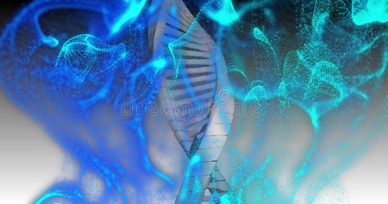 DNA Strand and Blue Particles, Scientific Data Processing Animation ...