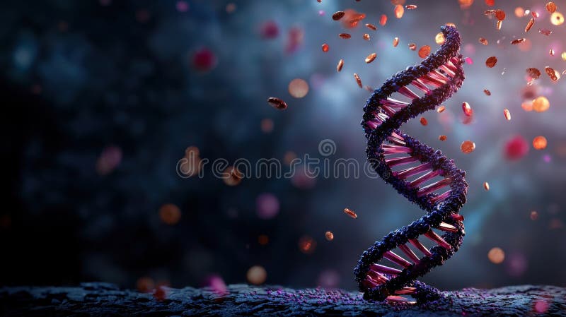 DNA Strand with Colorful Particles Dark Background Stock Illustration ...