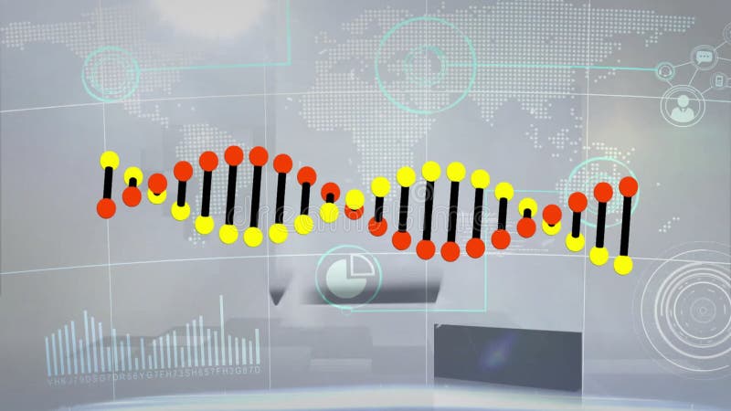 DNA Strand with Data Charts and World Map in Background Animation Stock ...