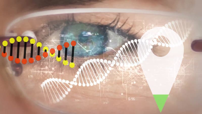 DNA Strand and Data Processing Animation Over Close-up of Human Eye ...
