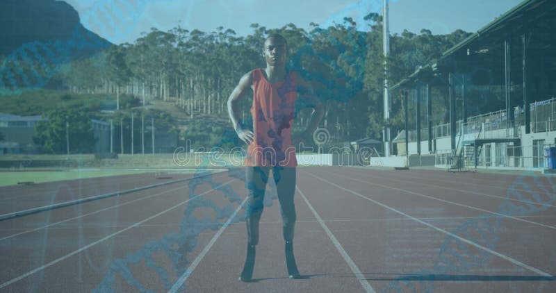 DNA Strand and Data Processing Image Over Athlete Standing on Running ...