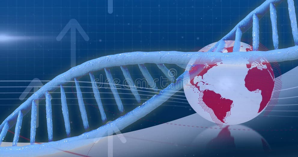 DNA Strand and Global Data Analysis Image Over Blue Grid Background ...