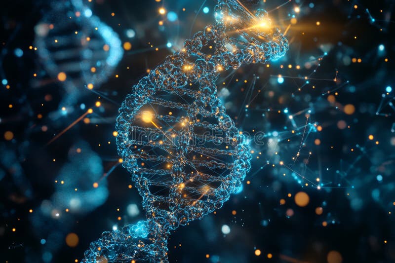 Dna Strand Glowing on Dark Blue Background with Network Connections ...