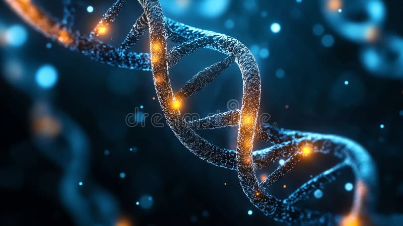 DNA Strand with Glowing Elements on Dark Background, Showcasing Genetic ...