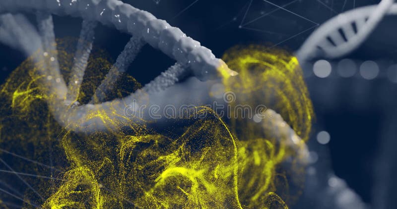 DNA Strand with Glowing Yellow Particles, Scientific Data Processing ...