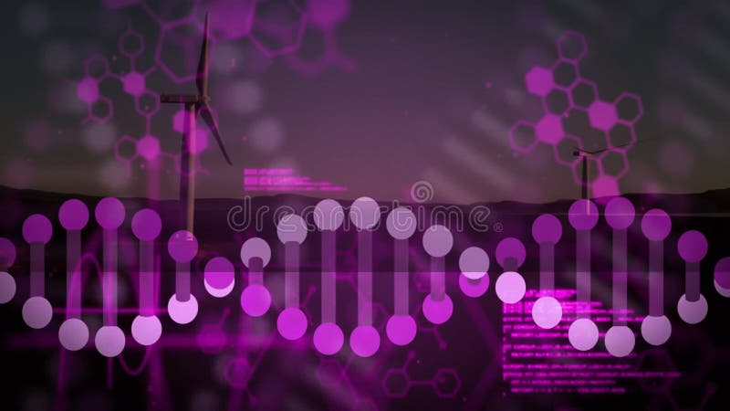 DNA Strand and Hexagonal Patterns Animation Over Wind Turbines at ...