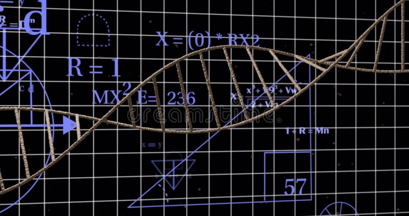 DNA Strand Over Mathematical Equations and Geometric Shapes on Black ...
