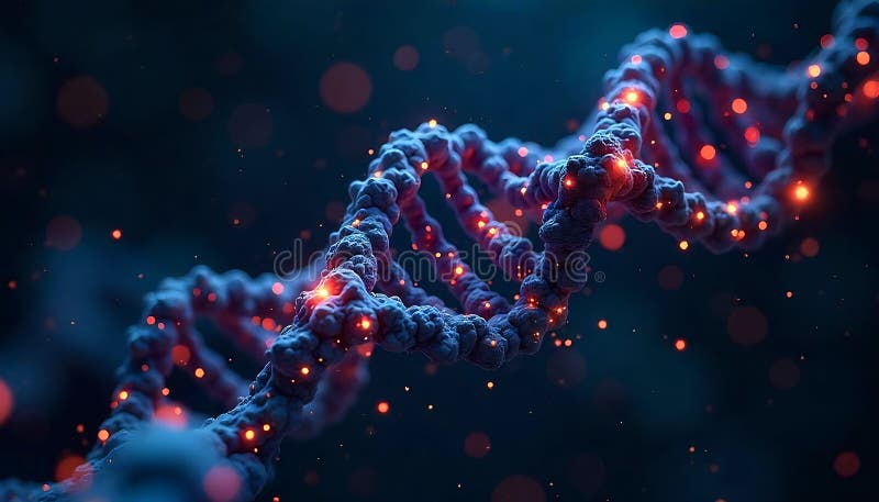 A Dna Strand Illuminated with Red Lights Against a Dark Blue and Black ...