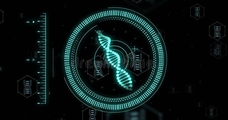 DNA Strand and Scientific Data Processing Animation Over Dark ...