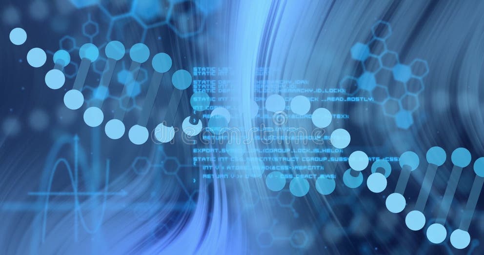 DNA Strand and Scientific Data Processing Image Over Blue Abstract ...