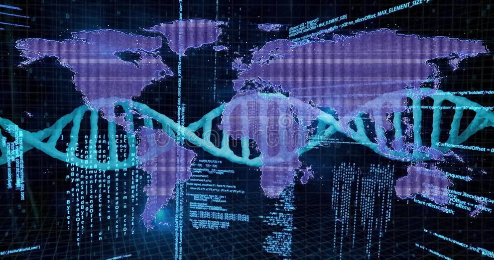 DNA Strands and Binary Coding Image Over World Map Stock Photo - Image ...
