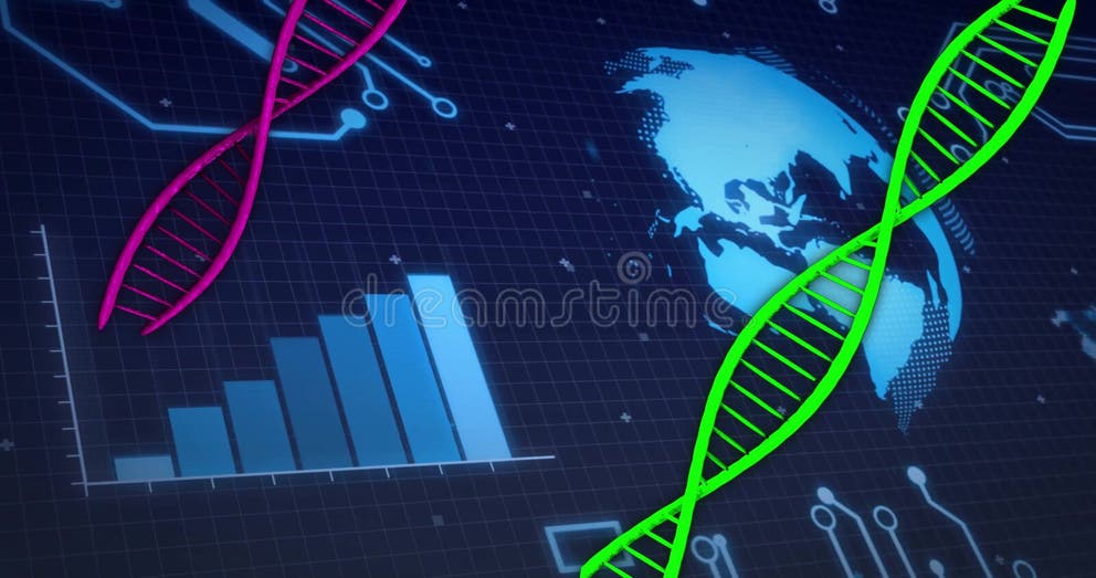 DNA Strands and Data Charts Image Over World Map Background Stock Photo ...
