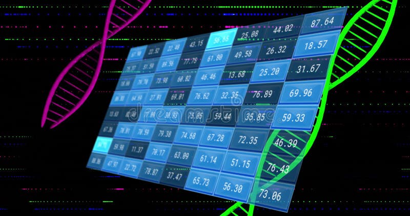 DNA Strands and Data Processing Animation Over Digital Grid with ...