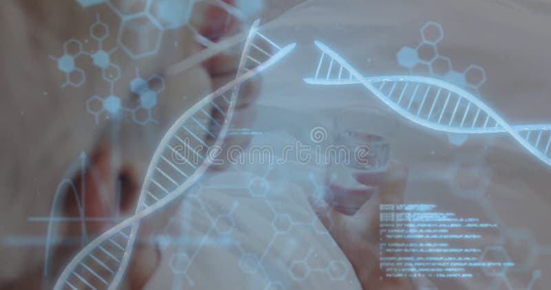 DNA Strands and Hexagonal Patterns Animation Over Person Holding Glass ...