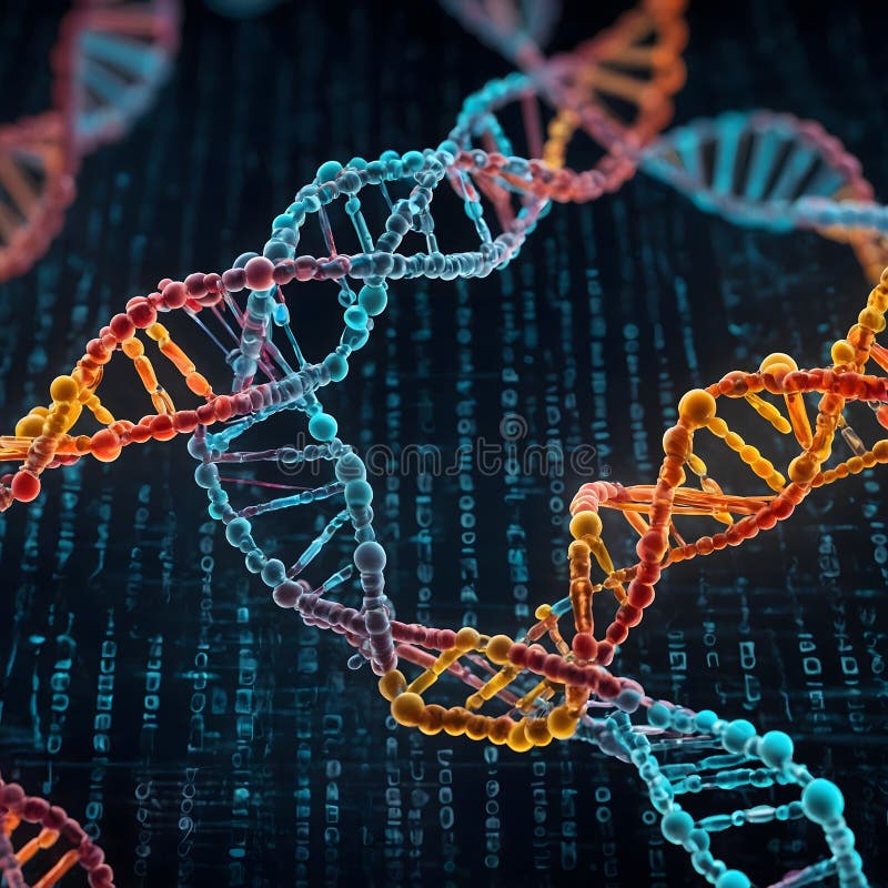 DNA Strands, Test Tubes, Molecular Structures, and Binary Code in a ...