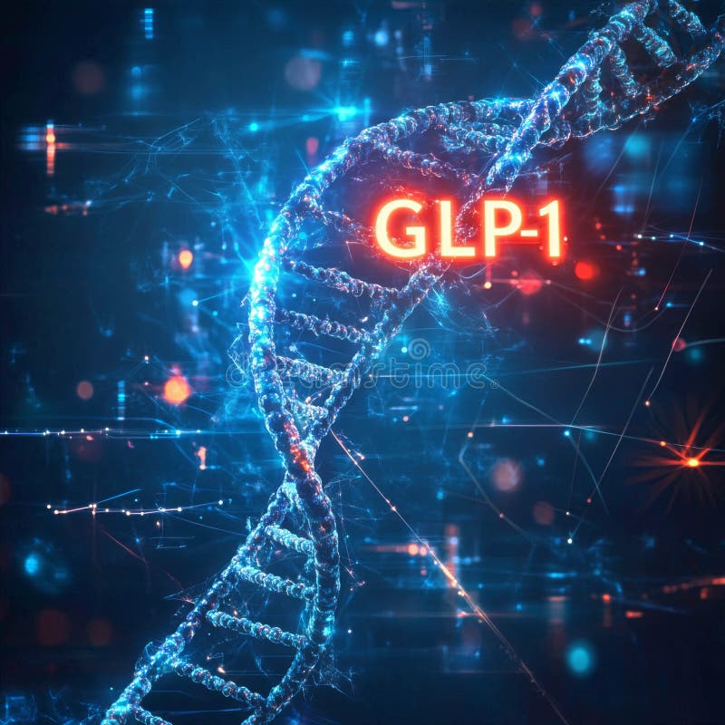 DNA Structure Visualization with Glowing Elements and Highlighted GLP1 ...