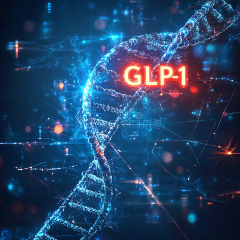 DNA Structure Visualization with Glowing Elements and Highlighted GLP1 ...