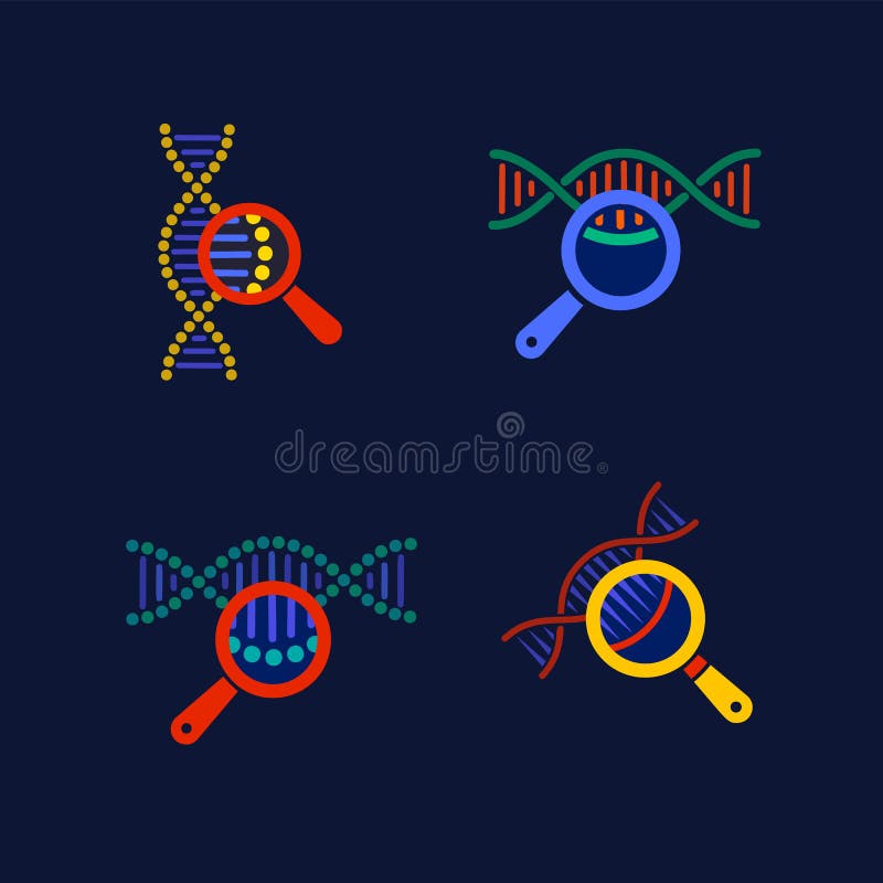 DNA Testing Icons Set. DNA Chain in Magnifying Glass Sign Stock Vector ...