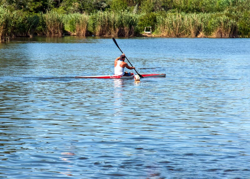 Technique of Rowing of a Single Athlete on a Kayak. Paddle Splash ...
